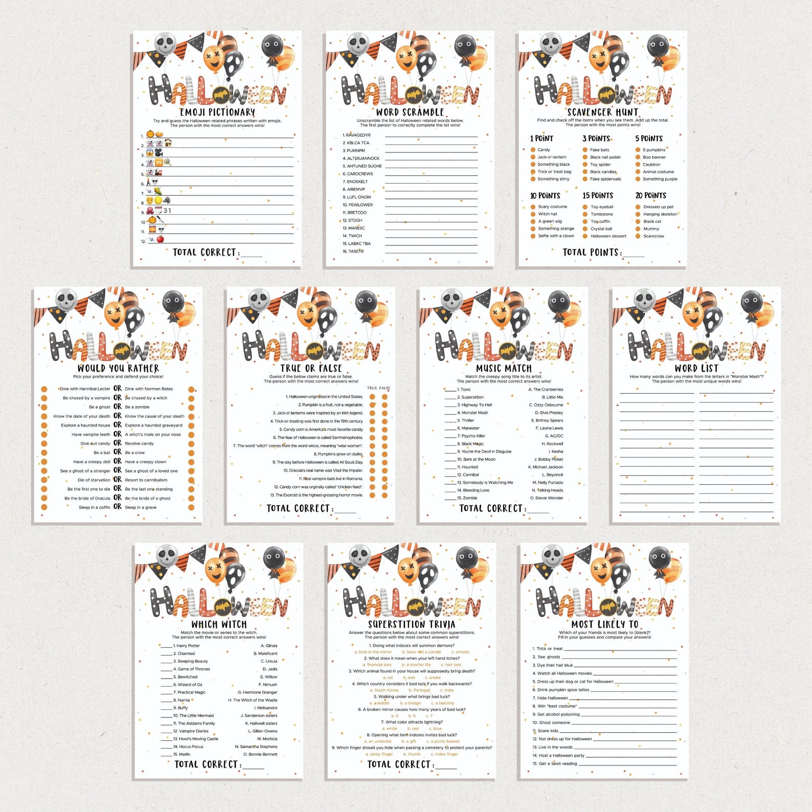 Unique Halloween Games Bundle Printable Funny Halloween Emoji ...