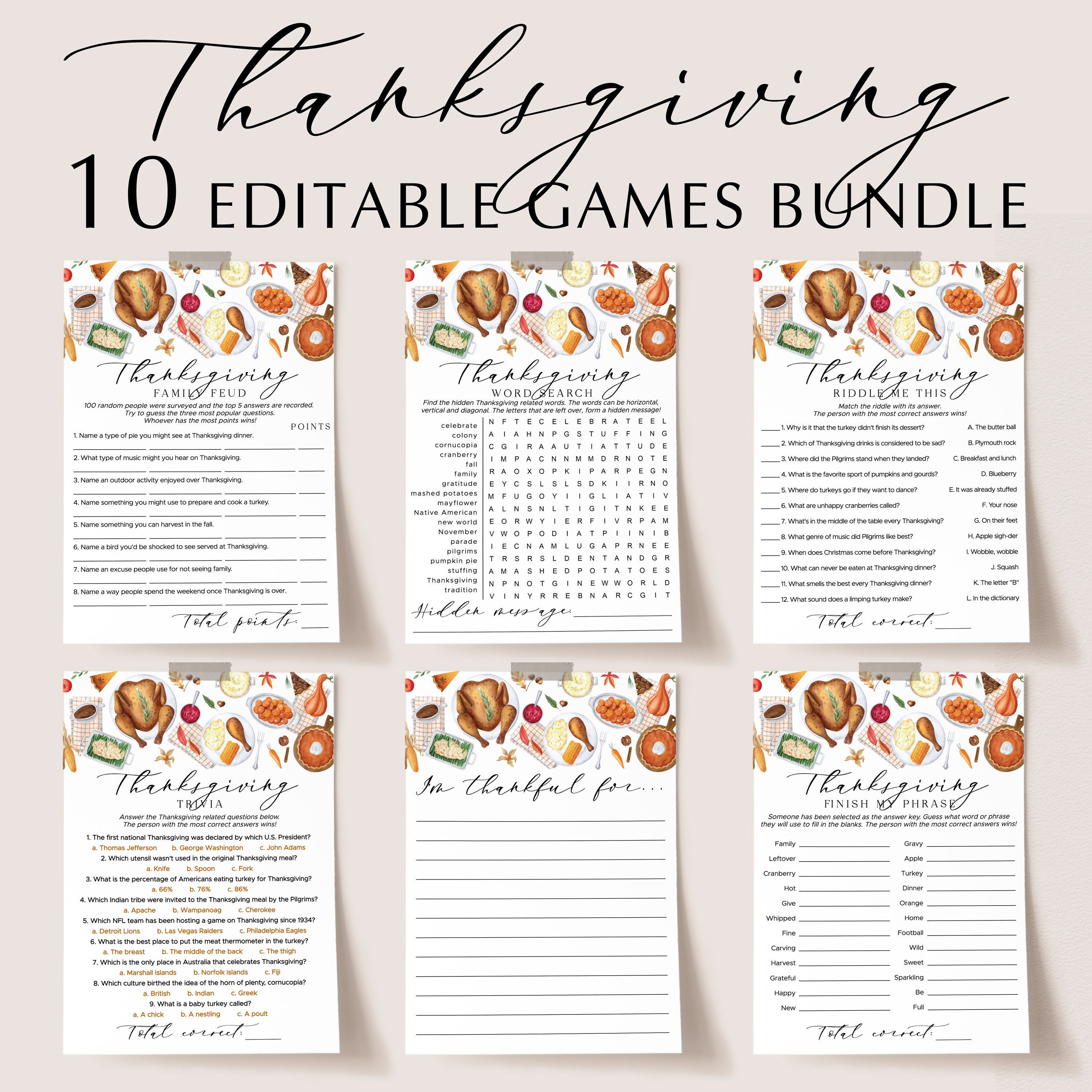 Thanksgiving Party Games Bundle Printable Fall Dinner Party Activities ...