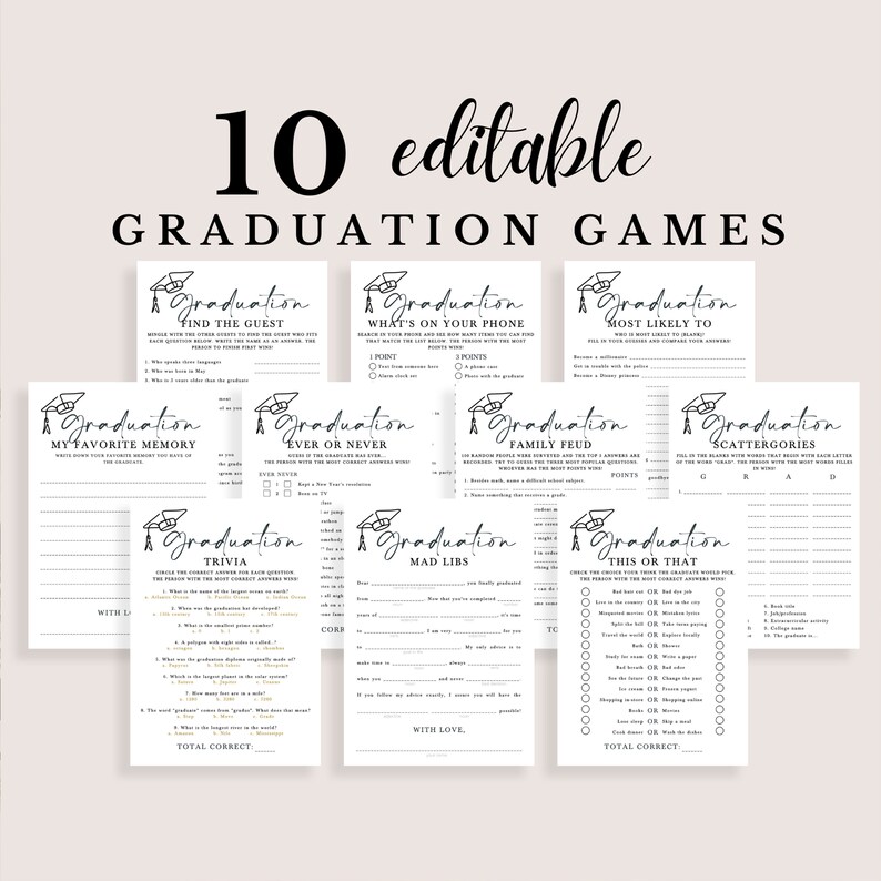 Graduation Games Bundle Printable Modern Grad Party Activities for Him ...