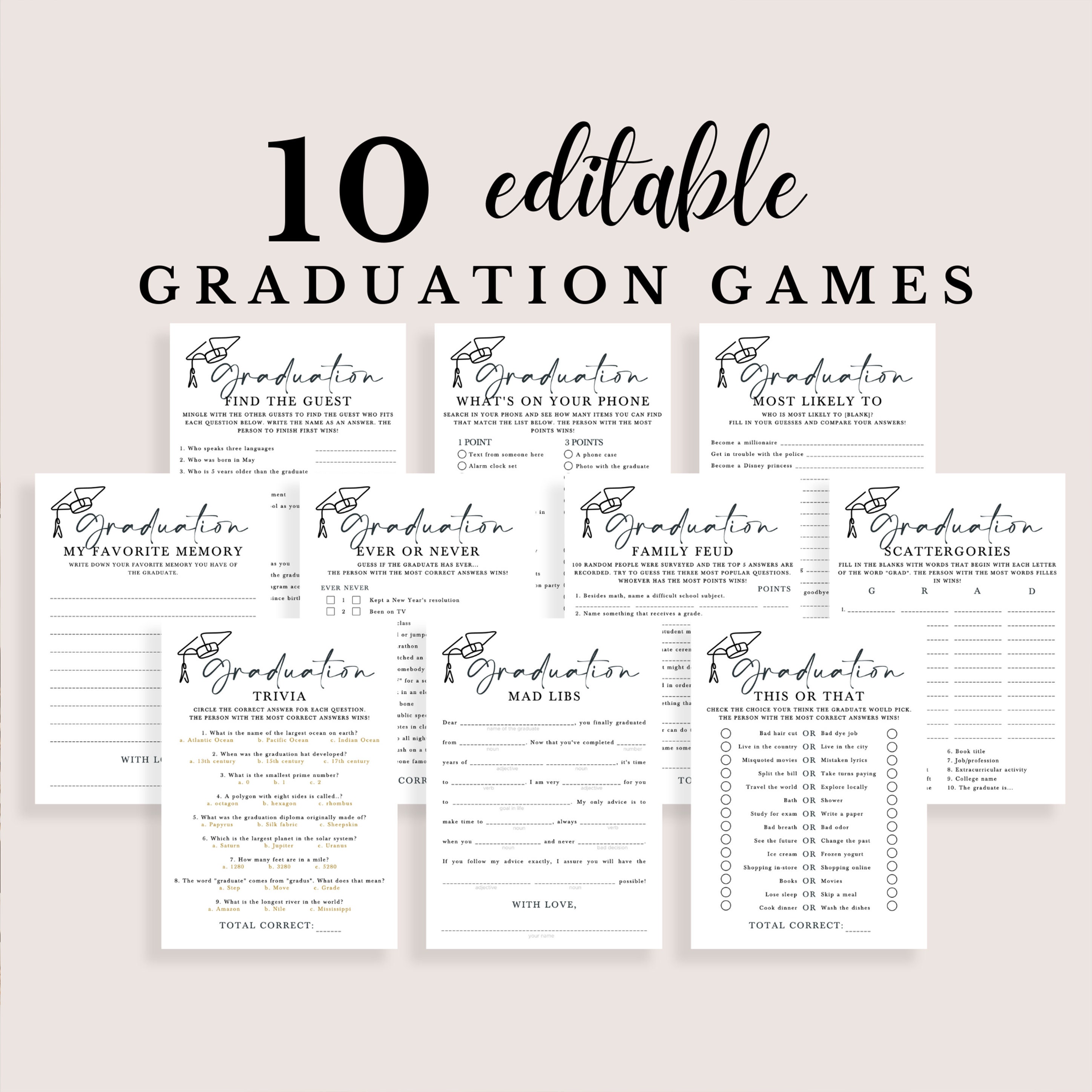 Graduation Games Bundle Printable Modern Grad Party Activities for Him ...