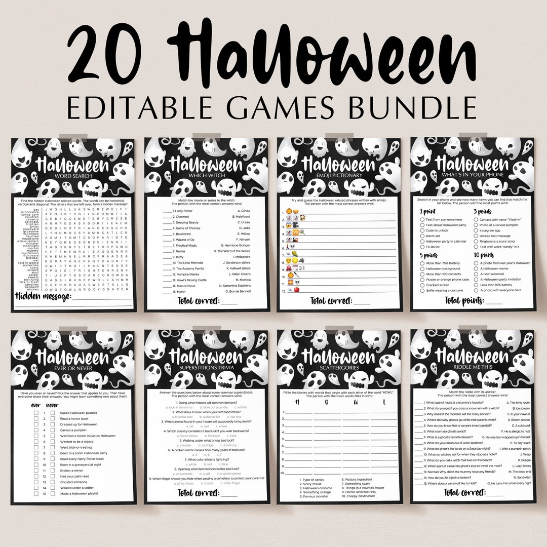 Halloween Party Games Bundle Printable Ghost Themed Halloween Quiz to ...