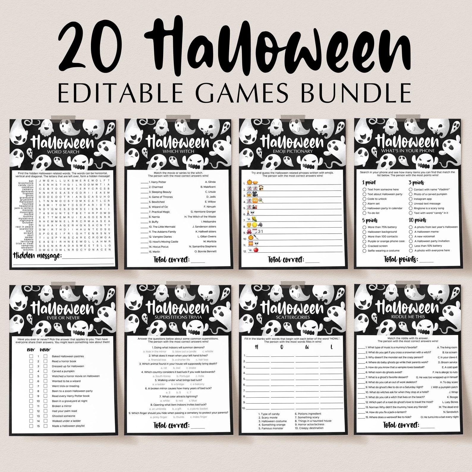 Halloween Party Games Bundle Printable Ghost Themed Halloween - Etsy