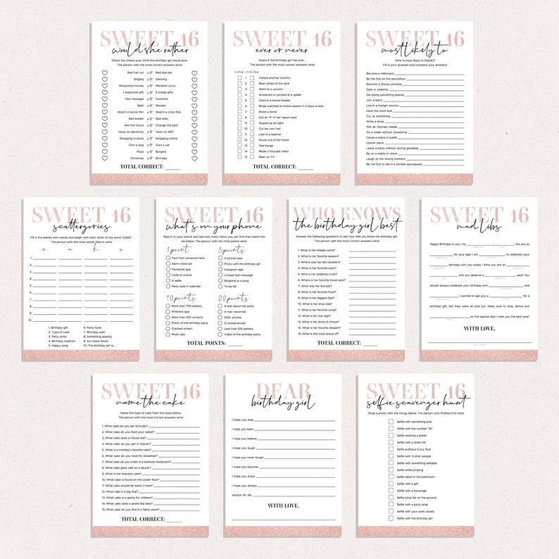 Rose Gold Sweet 16 Games Bundle Printable Turning Sixteen Years Old ...