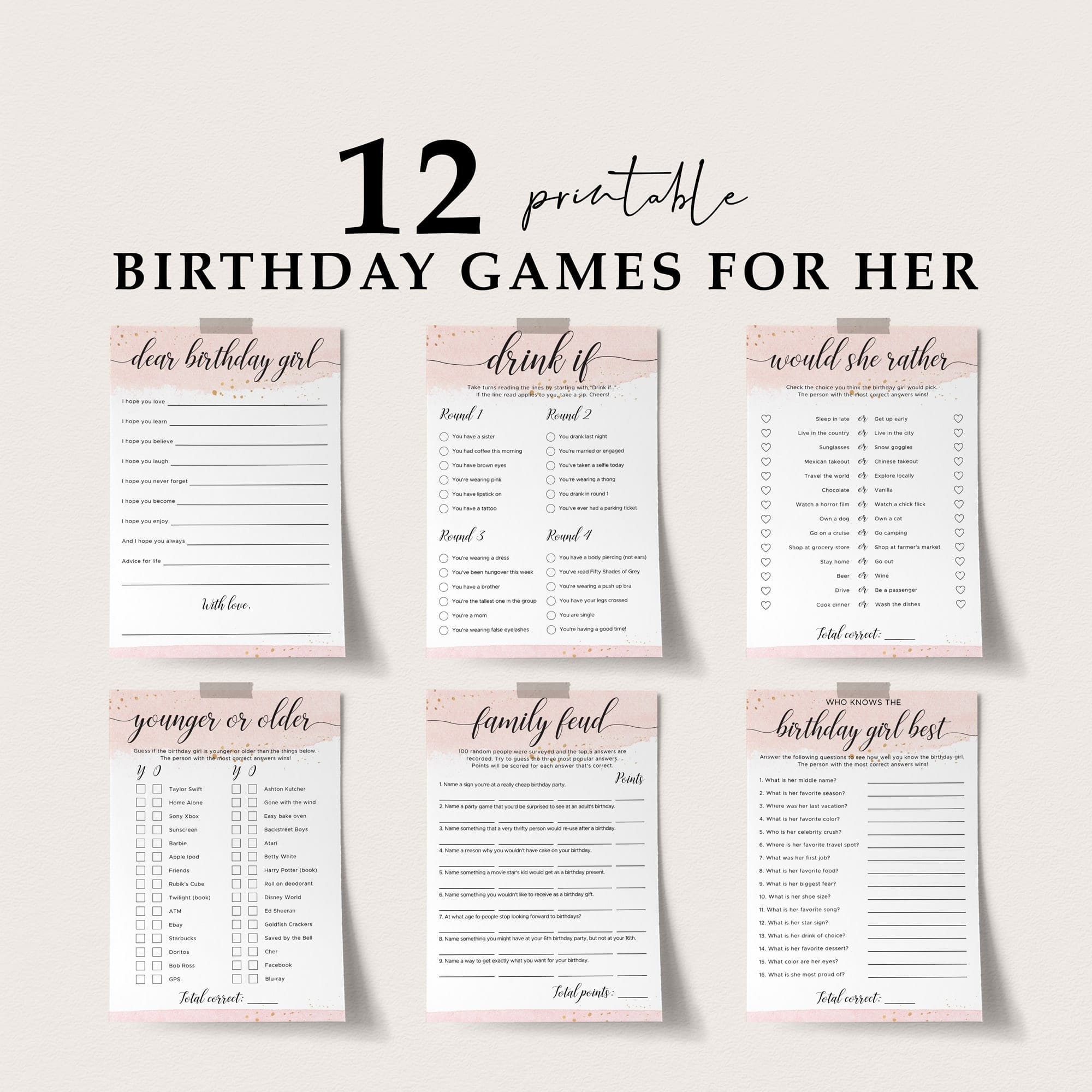 Blush Birthday Party Games Bundle Printable Womens Birthday Games for ...
