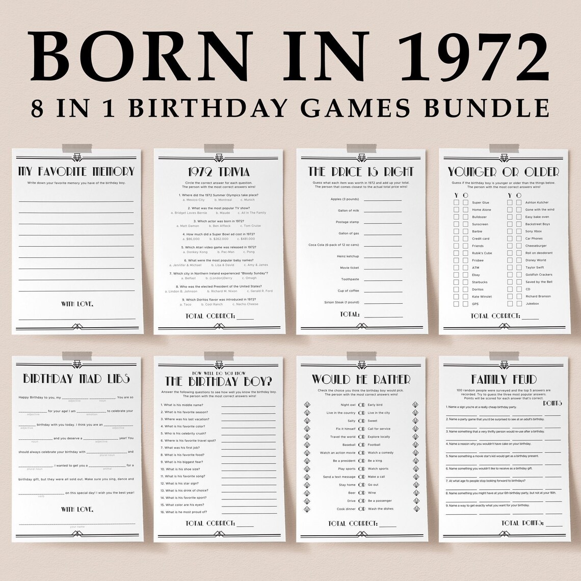 1972 Birthday Games Bundle Printable Born in 1972 Trivia Games - Etsy