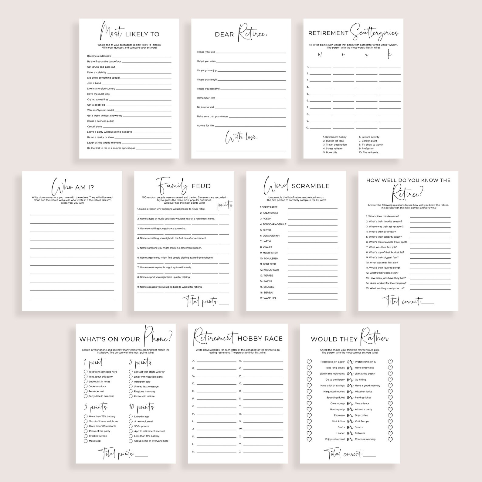 Retirement Games Printable Wishes for Retiree Party Activities for ...