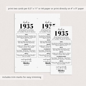 90th Birthday Party Decor Born in 1935 Birthday Place Cards 1935 Trivia ...
