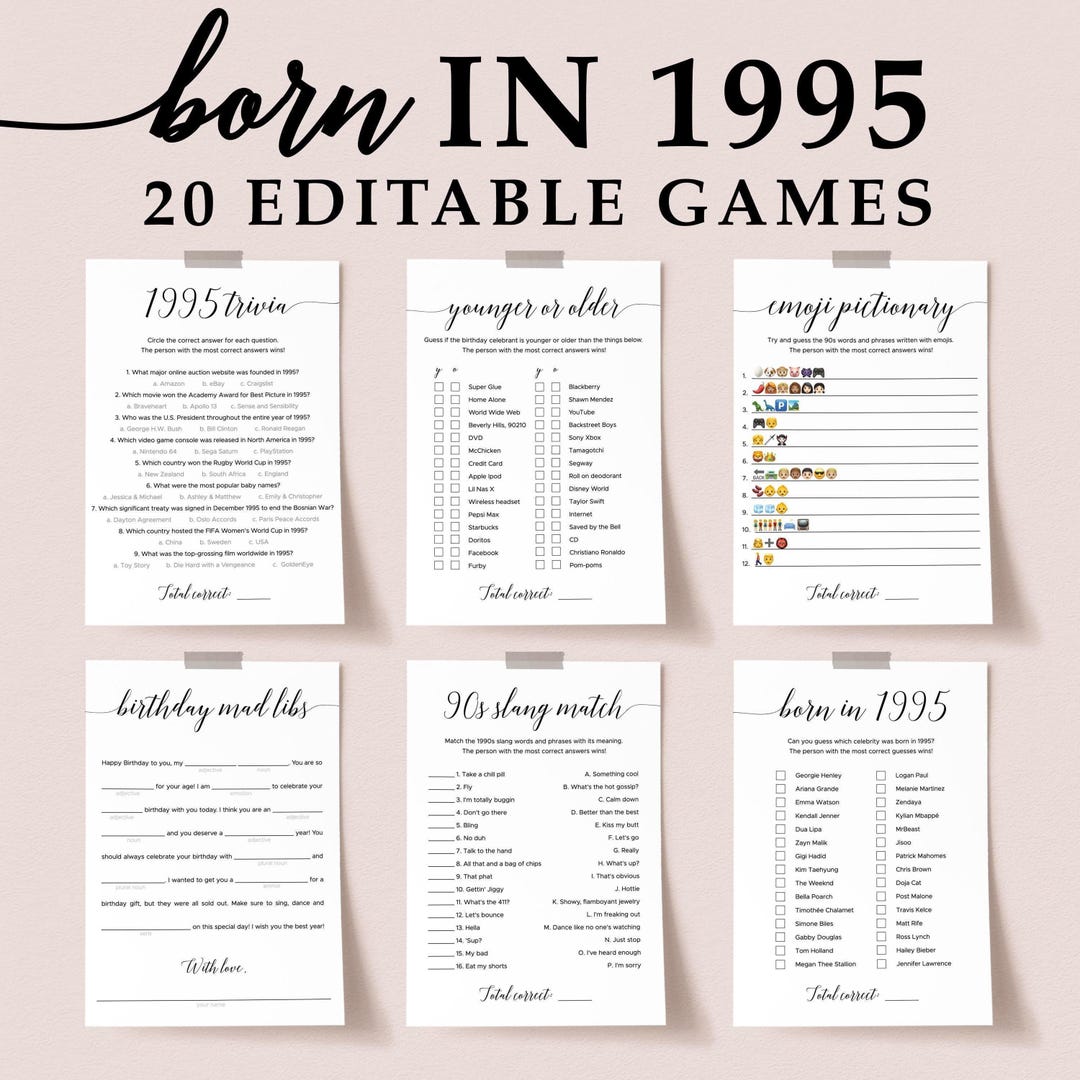 30th Birthday Games for Women and Men Born in 1995 Birthday Party Game ...