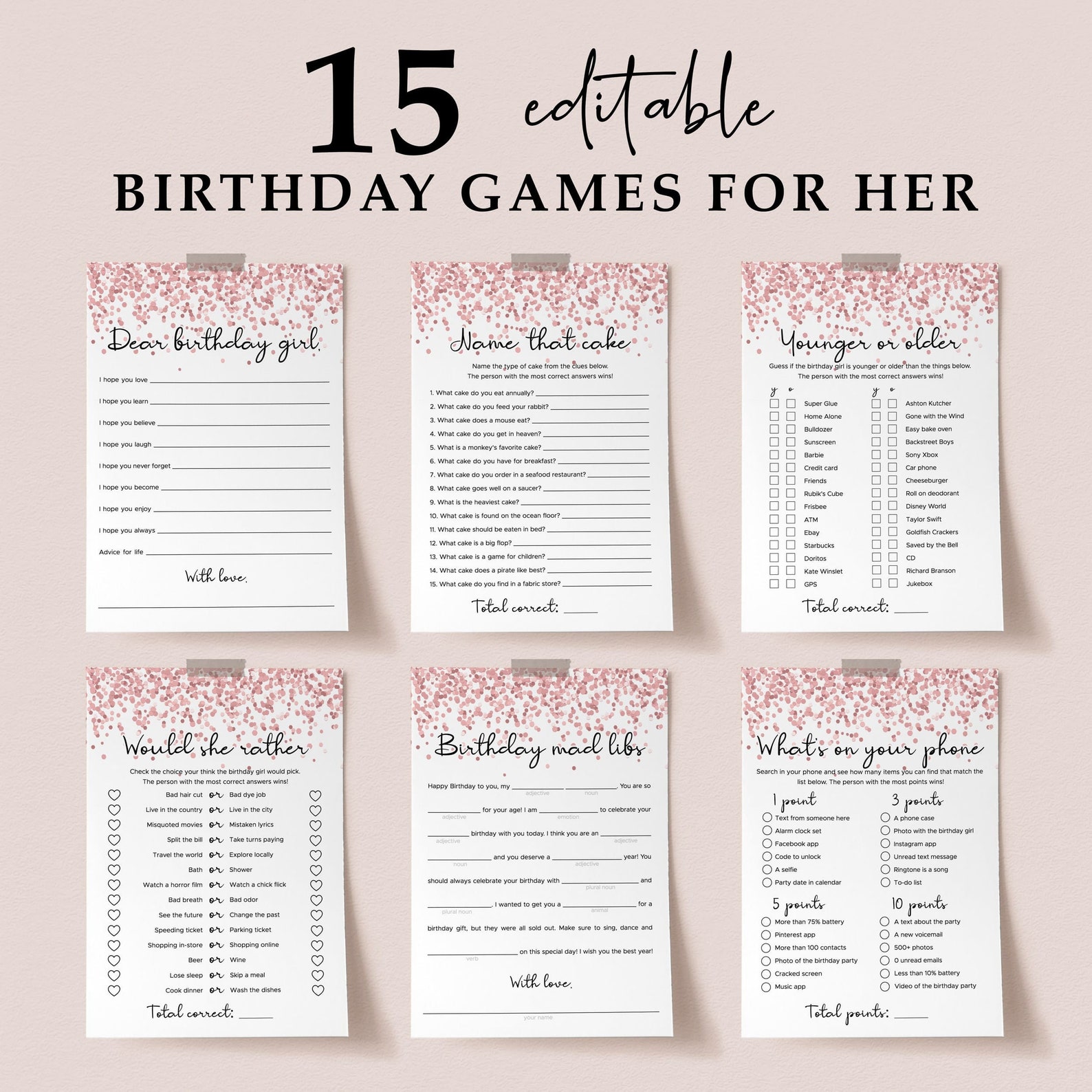Pink Confetti Birthday Games Bundle for Her Editable Template - Etsy