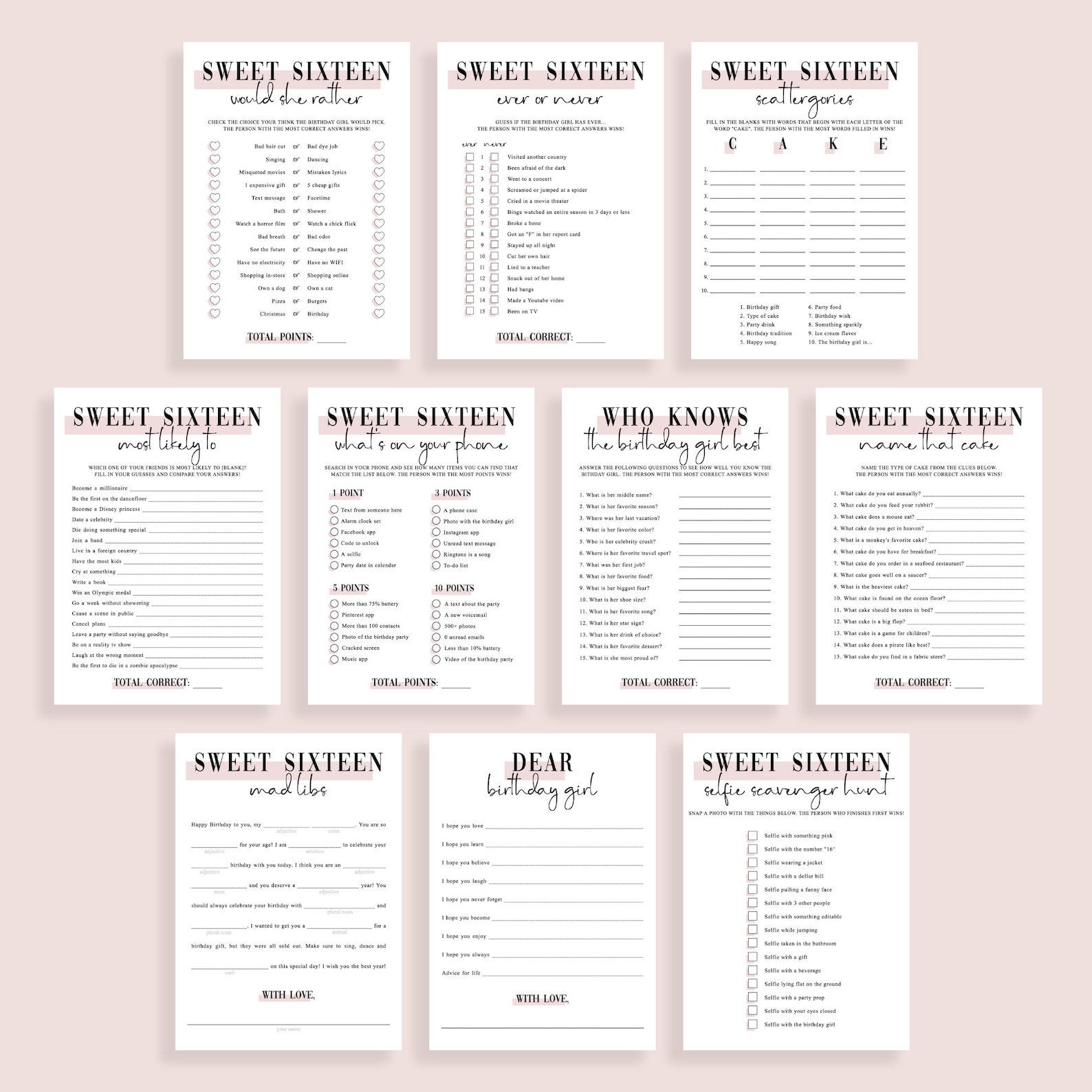 Modern Sweet 16 Games Bundle Printable Pink Sweet Sixteen Party ...