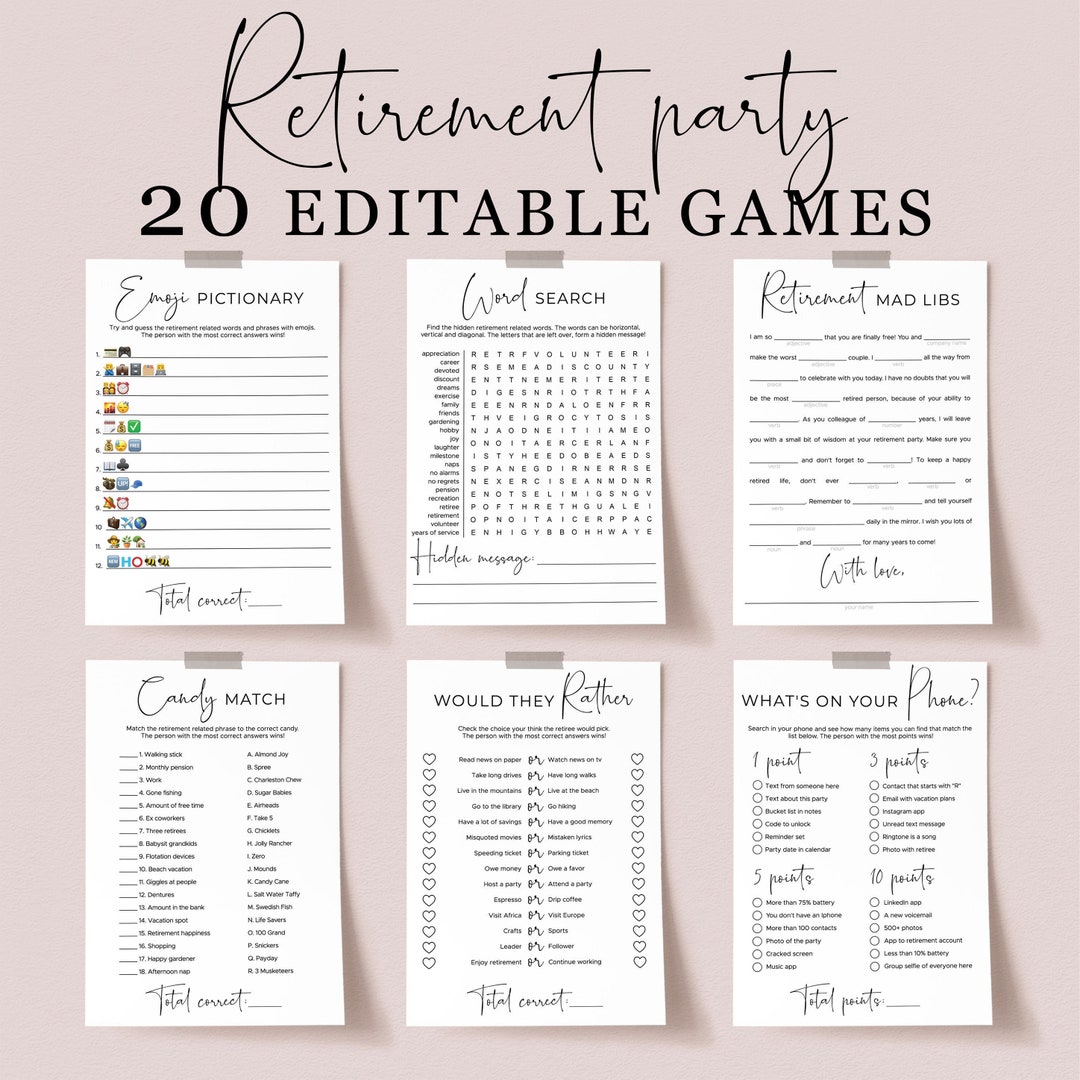 Retirement Games Printable Retiree Party Activities for Office ...