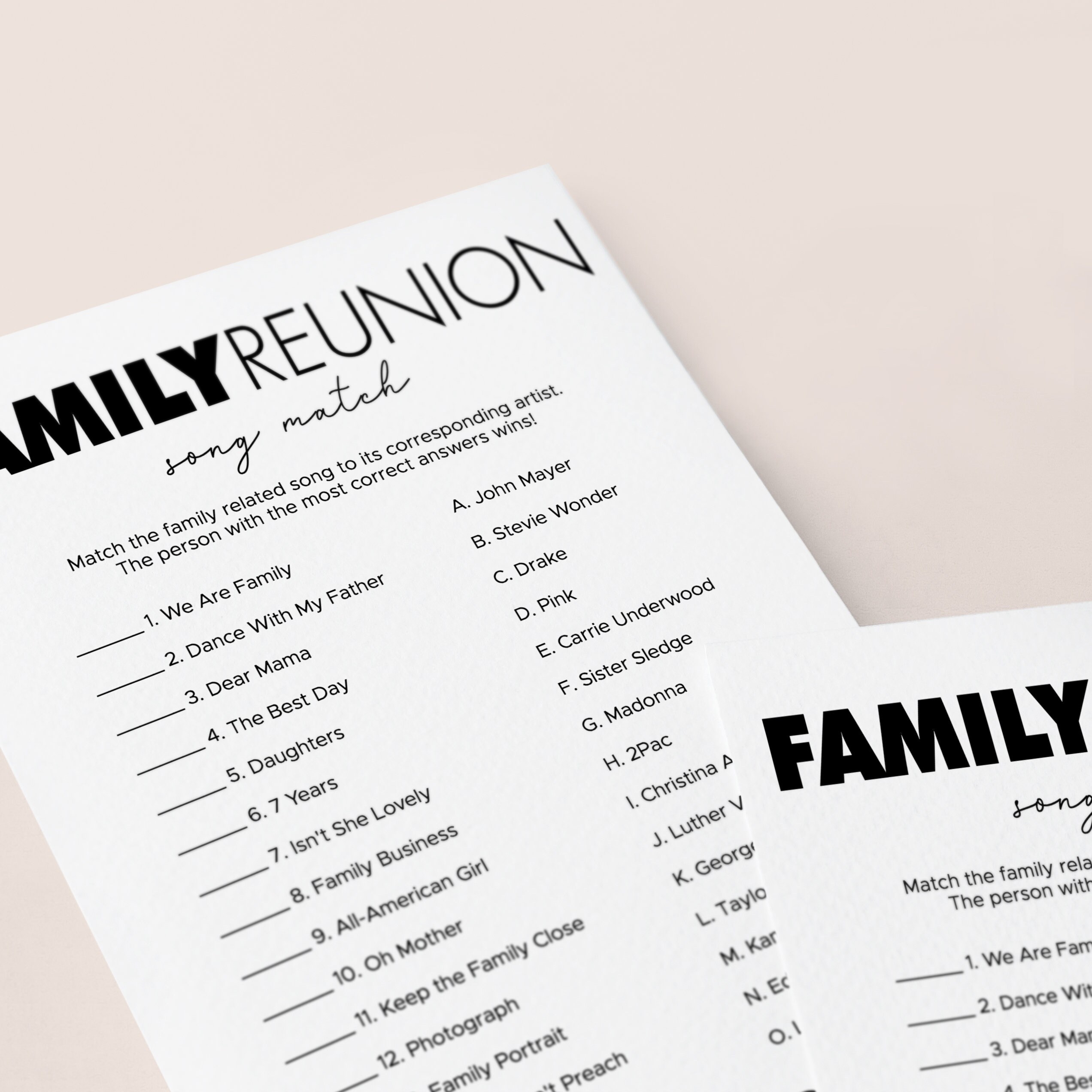 Family Song Match Game for Family Reunion Printables Minimalist Family ...