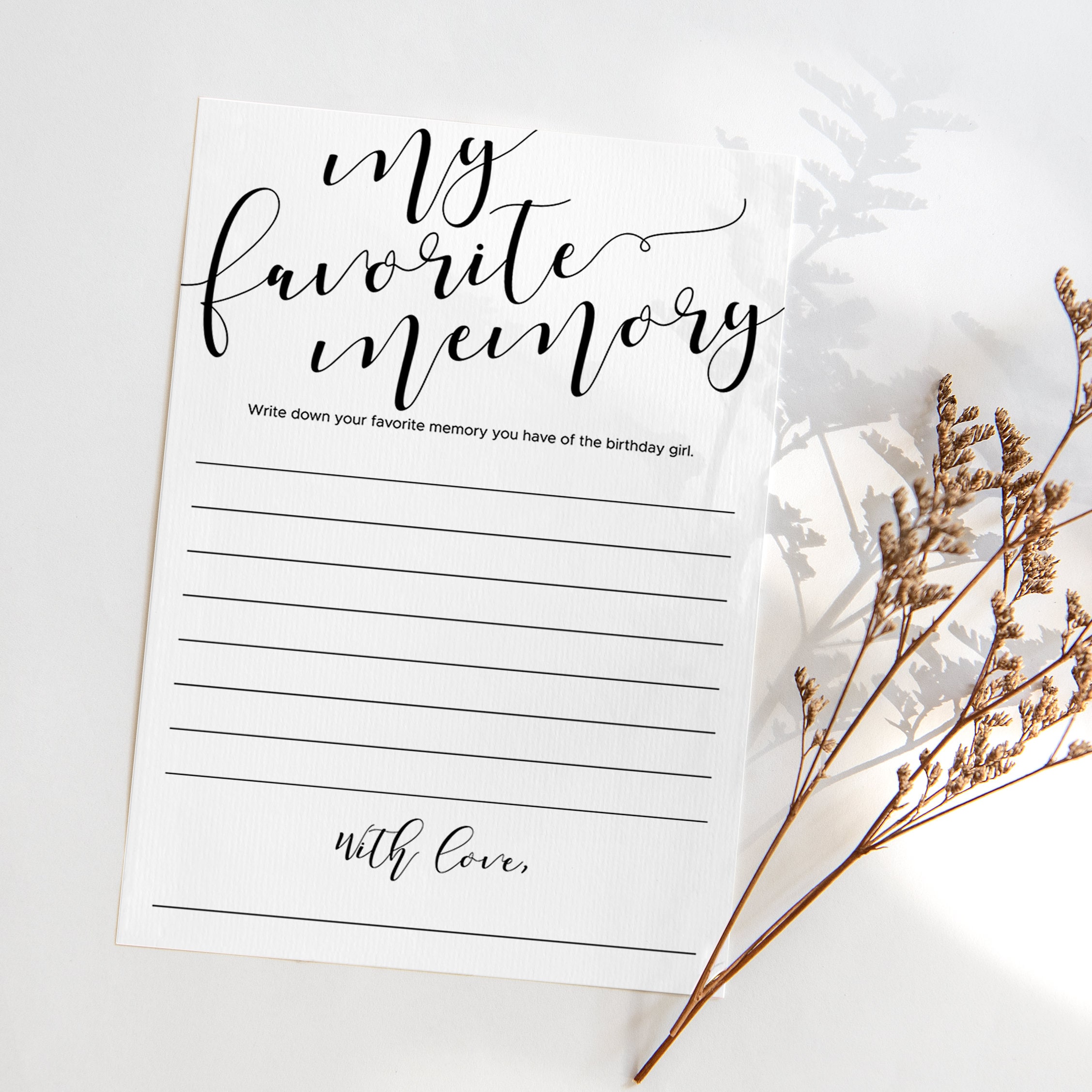 My Favorite Memory of the Birthday Girl Cards Printable Calligraphy ...
