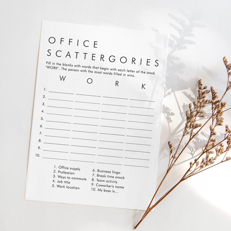 Office Scattergories Game Printable | Minimalist Office Party Game ...