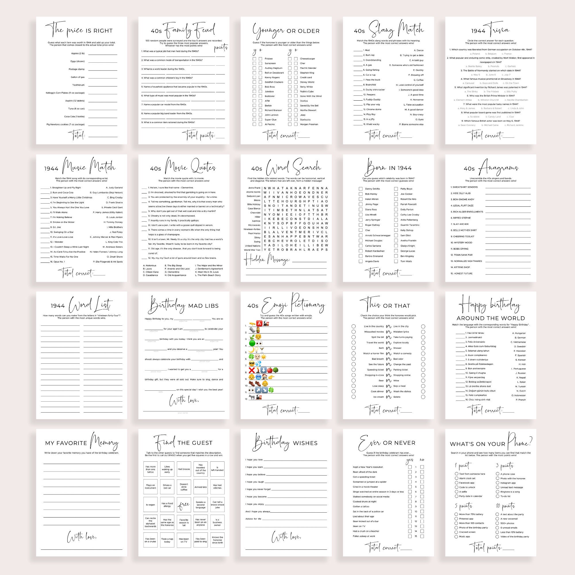 80th Birthday Games Bundle Printable Born in 1944 Birthday Party Pack ...