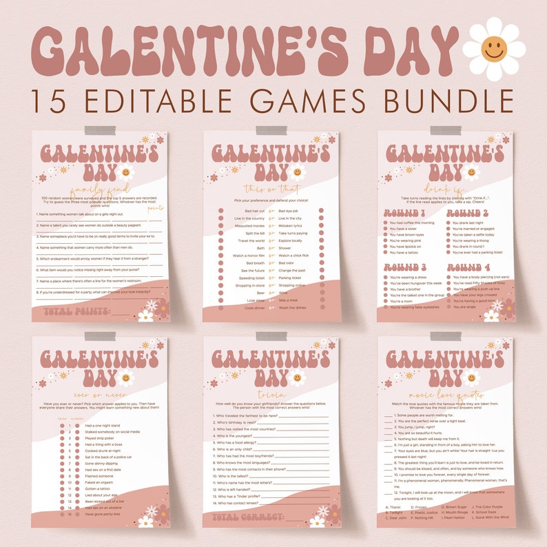 Galentines Day Games Bundle Printable Groovy Galentine's Party ...