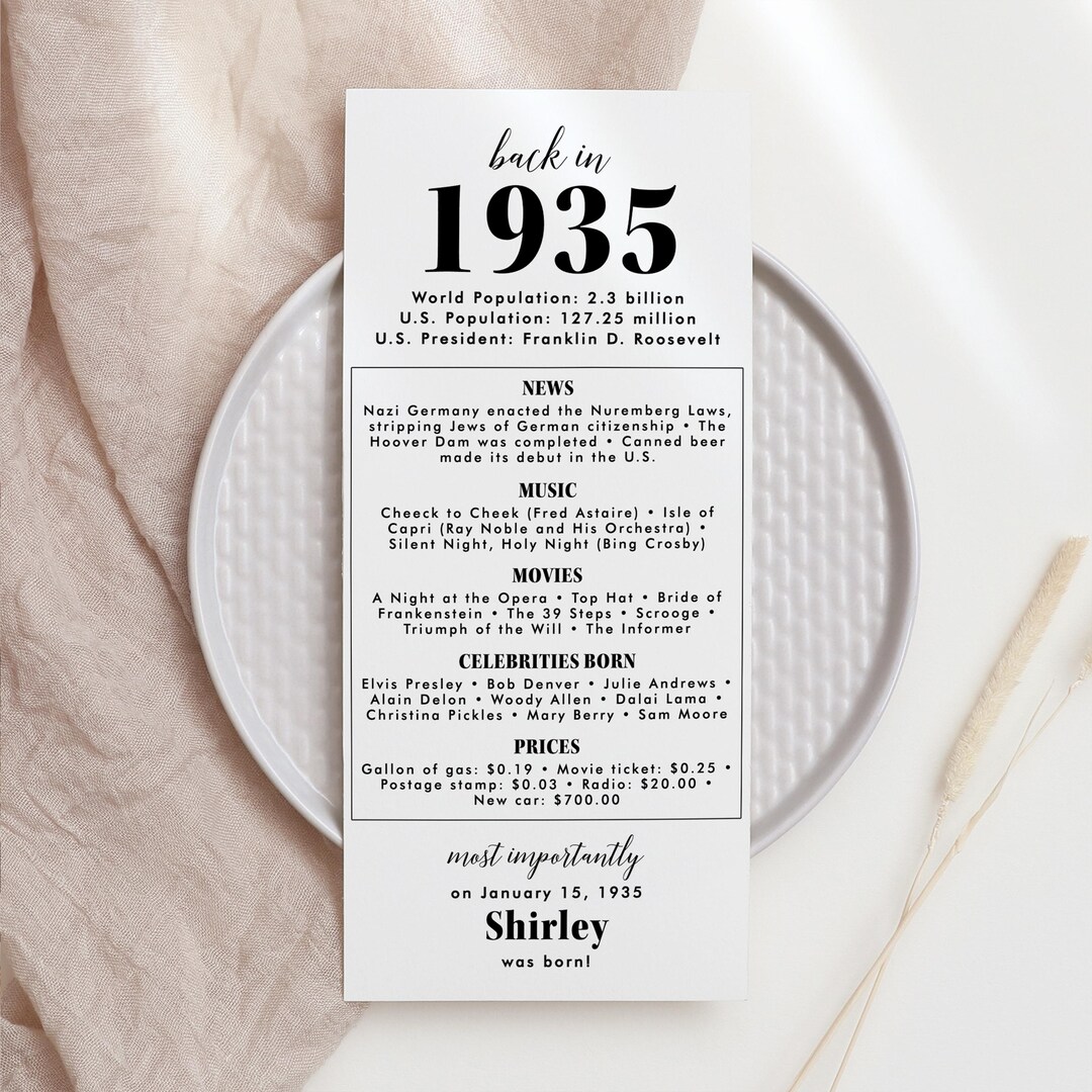 90th Birthday Party Decor Born in 1935 Birthday Place Cards 1935 Trivia ...