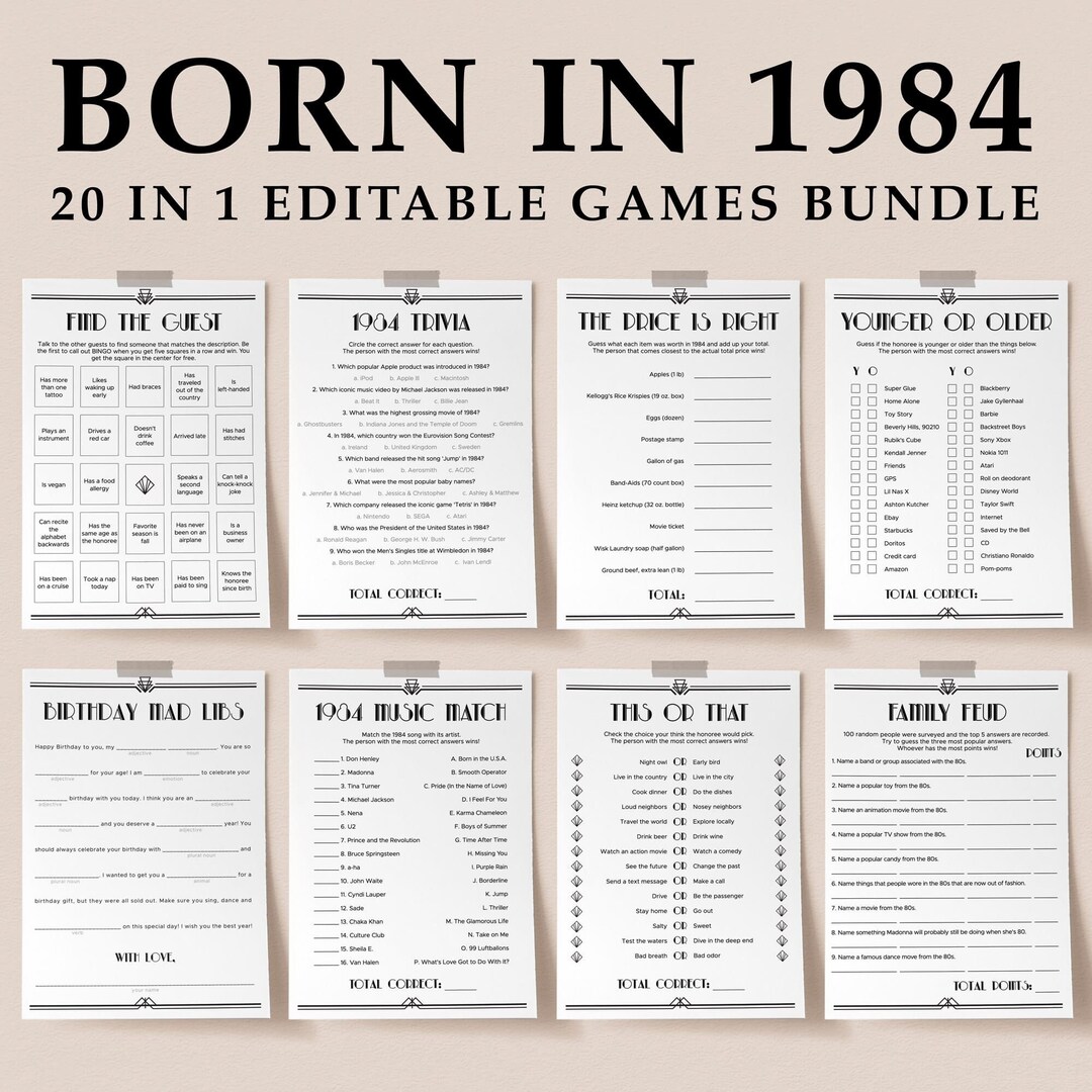 Born in 1984 Birthday Games Bundle Templates Gatsby Theme Party Roaring ...