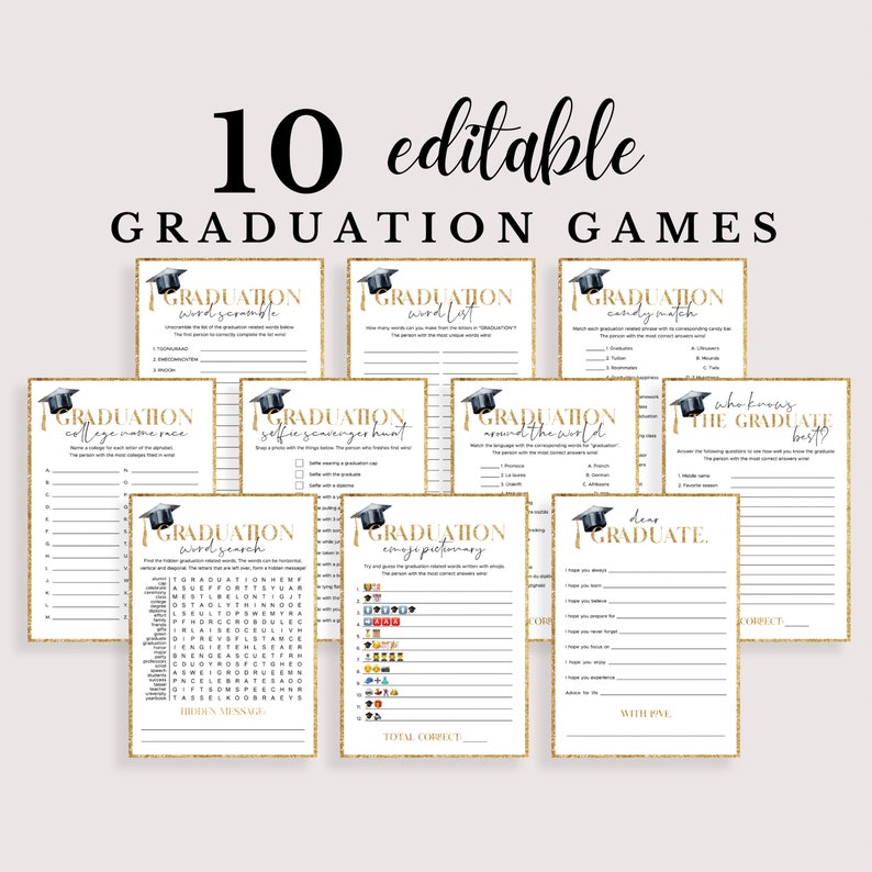 Black and Gold Graduation Party Games Printable Grad Party Game Bundle ...