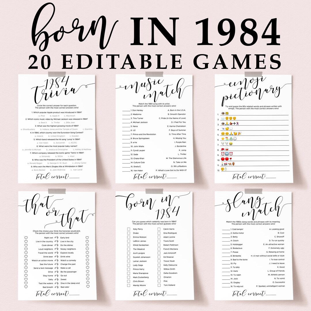 40th Birthday Party Games Bundle Birthday Party Like Its 1984 Trivia ...