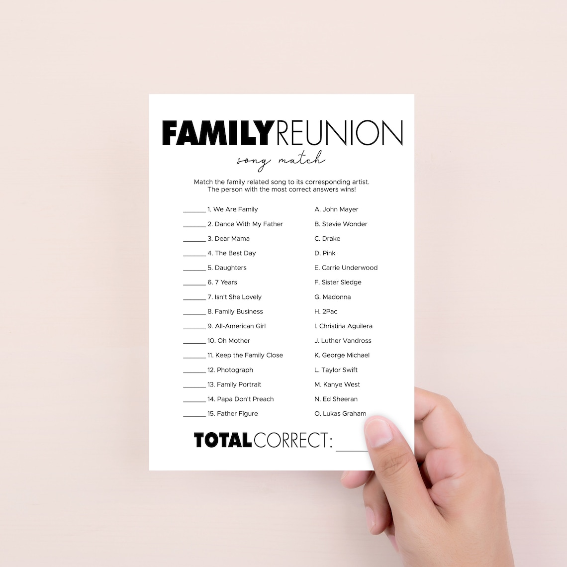 Family Song Match Game for Family Reunion Printables Minimalist Family ...