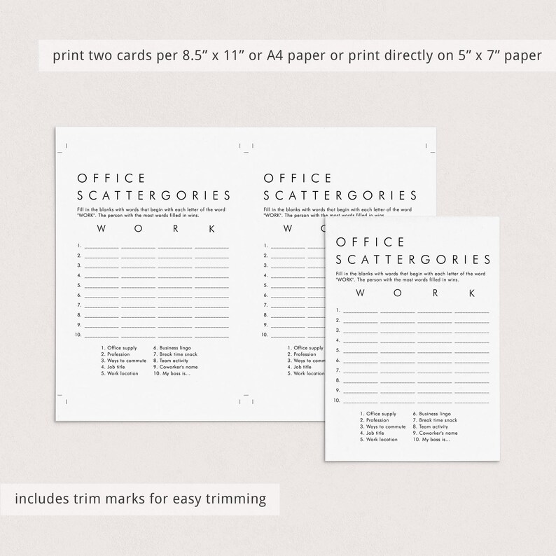 Office Scattergories Game Printable Minimalist Office Party Game, Team ...