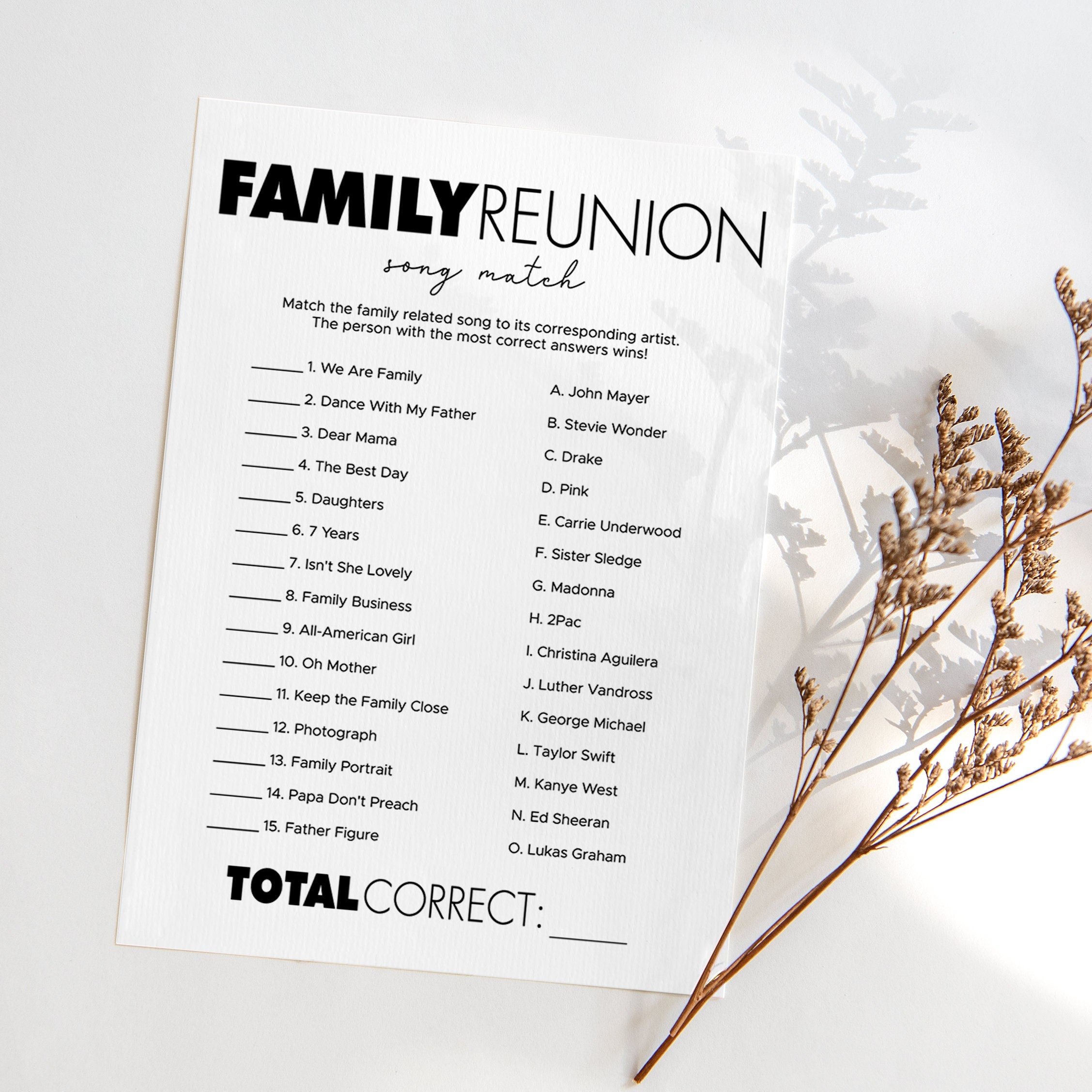 Family Song Match Game for Family Reunion Printables Minimalist Family ...