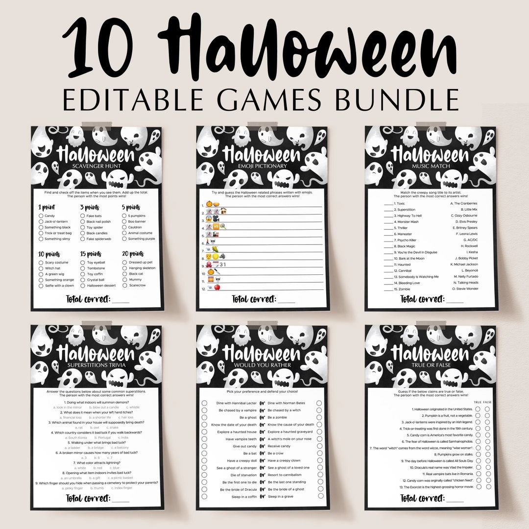 Halloween Party Games Bundle Printable Ghost Themed Halloween Quiz to ...