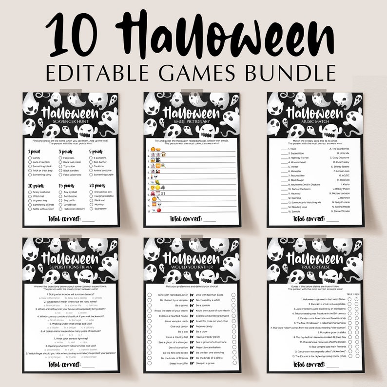 Halloween Party Games Bundle Printable Ghost Themed Halloween Quiz to ...