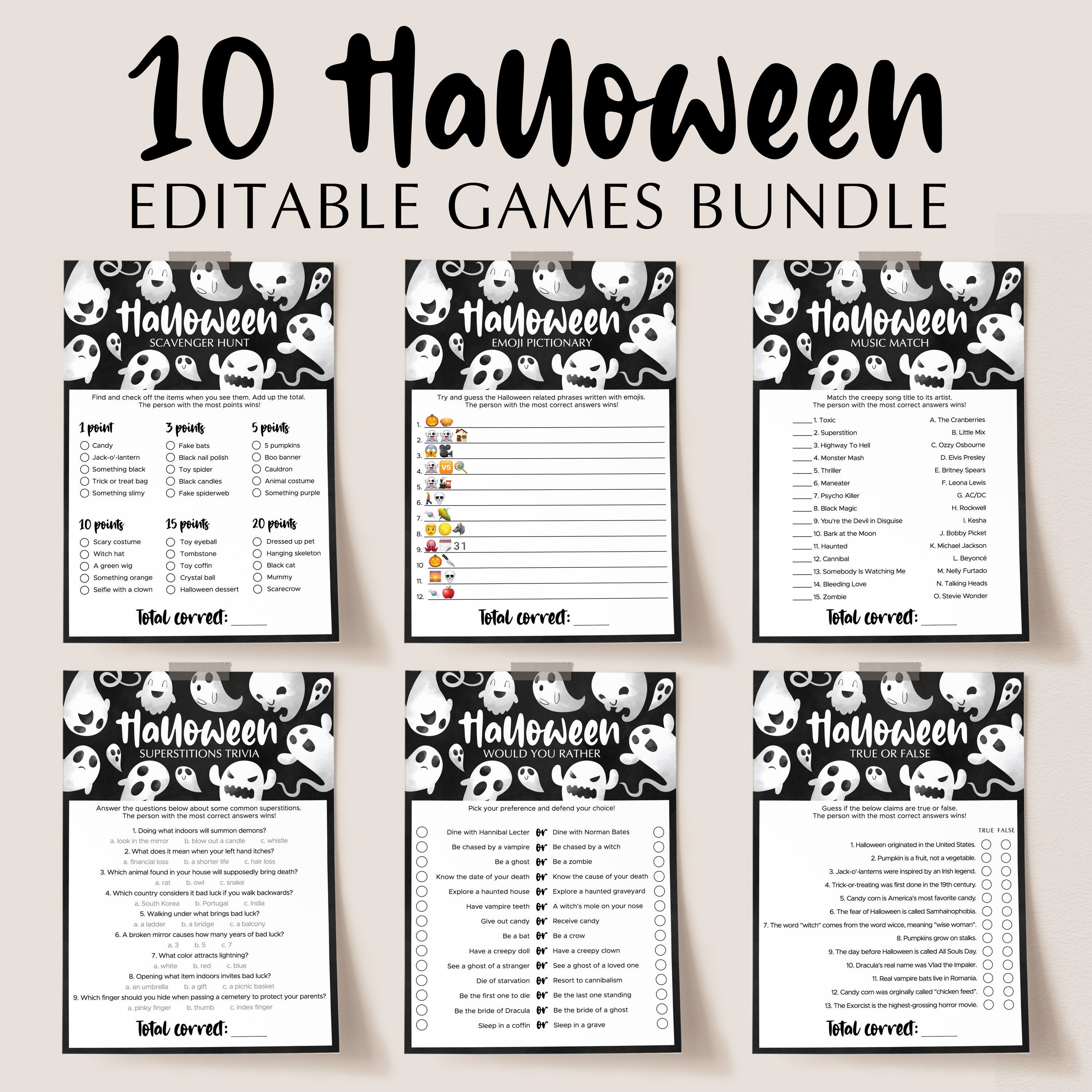 Halloween Party Games Bundle Printable Ghost Themed Halloween Quiz to ...