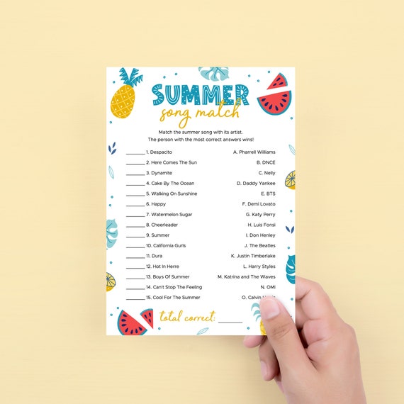 Summer Song Match Game Instant Download Summertime Music - Etsy