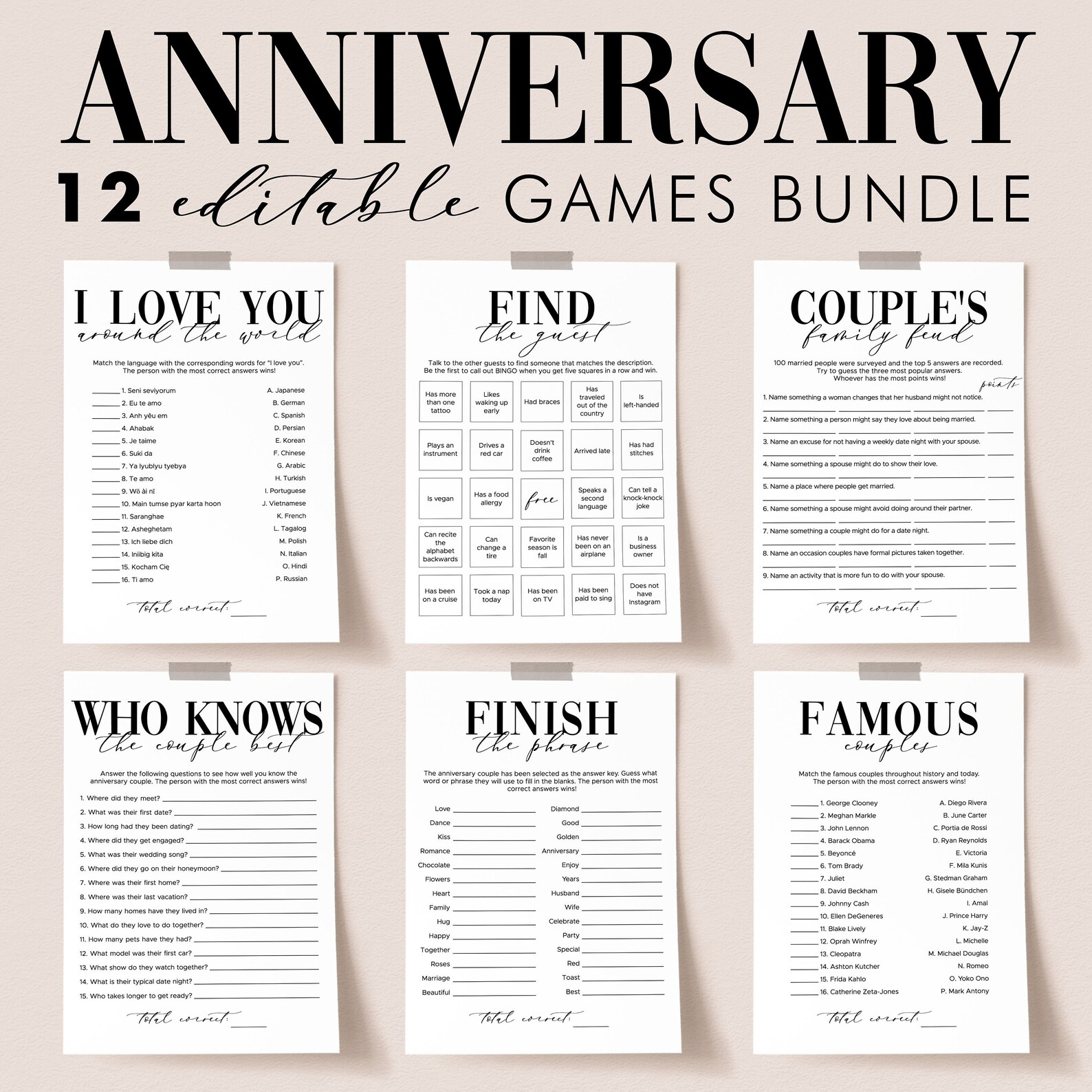 Wedding Anniversary Games Bundle Printable Minimalist Anniversary Party ...