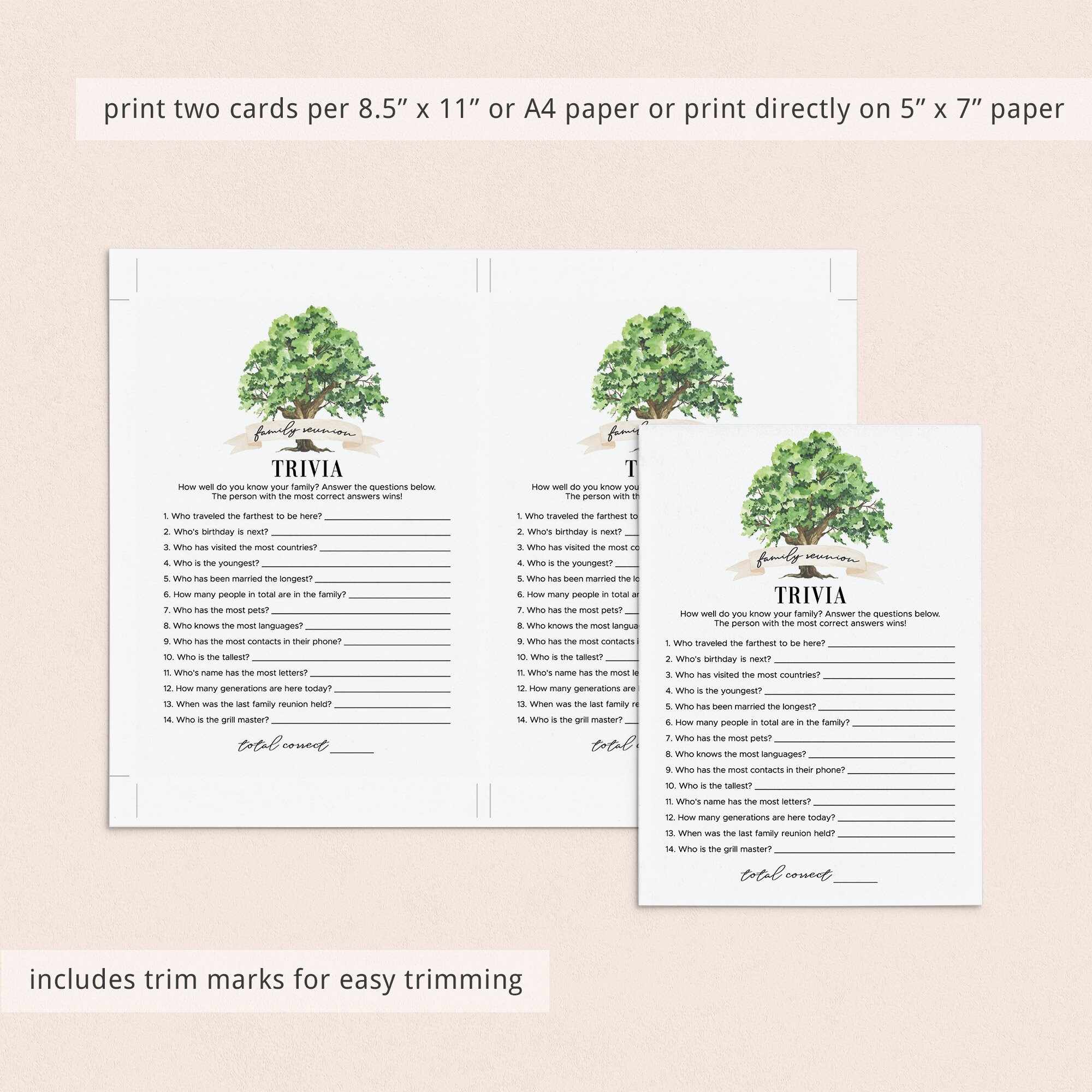 Family Trivia Game Printable Family Reunion Activity Ideas for Groups ...
