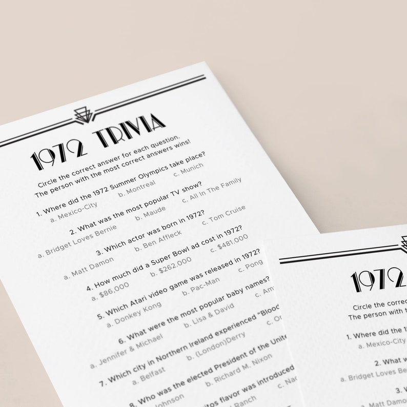 Fun Facts Quiz About 1972 Trivia Game Printable Birthday Party ...