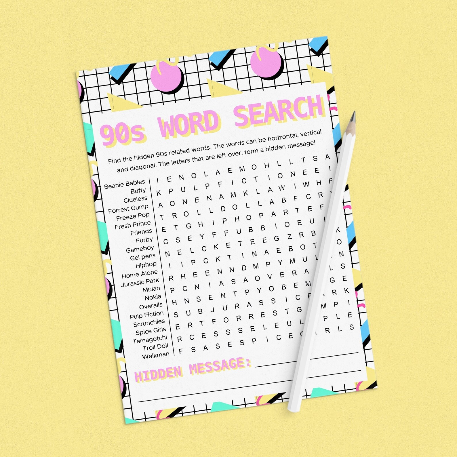 90s Word Search Game Printable 1990s Birthday Party Game Ideas for Kids ...