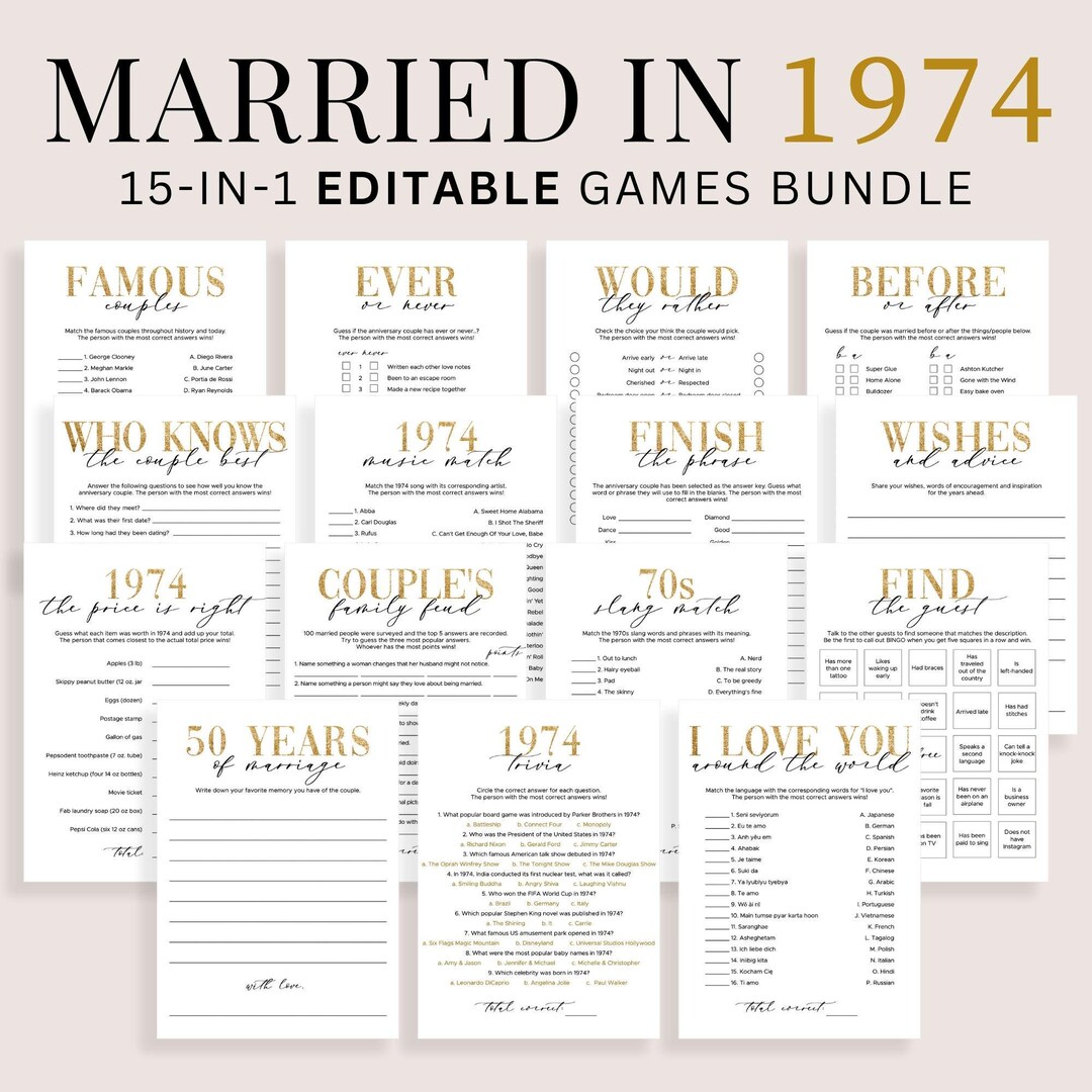 51st Anniversary Party Games Printable Married in 1974 Games Bundle ...