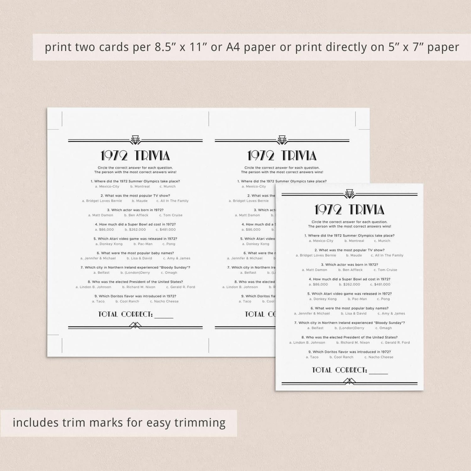 Fun Facts Quiz About 1972 Trivia Game Printable Birthday Party ...