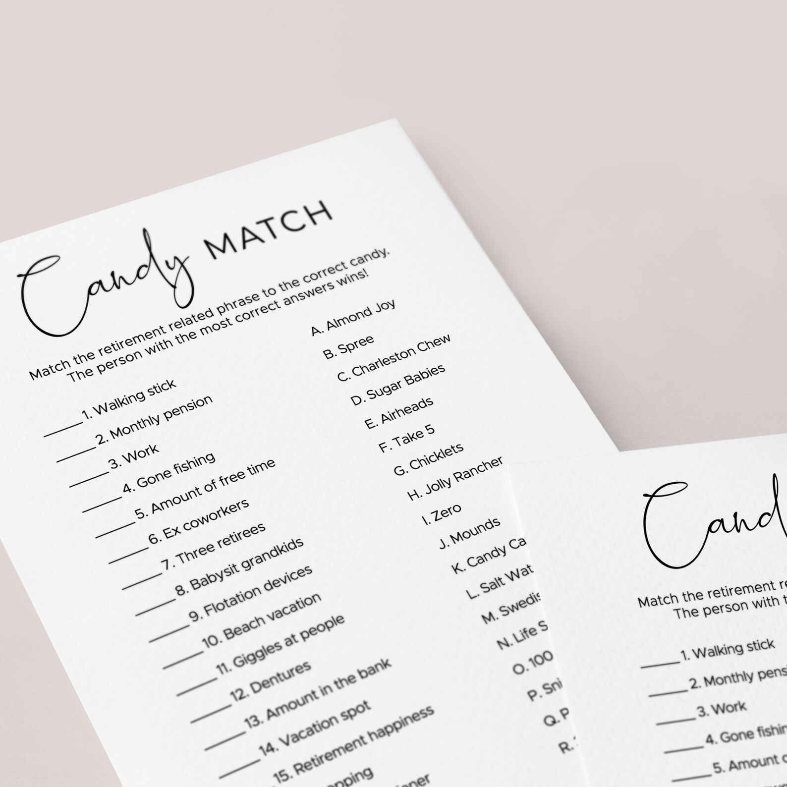 Retirement Candy Match Game Printable Black and White Activity Ideas ...