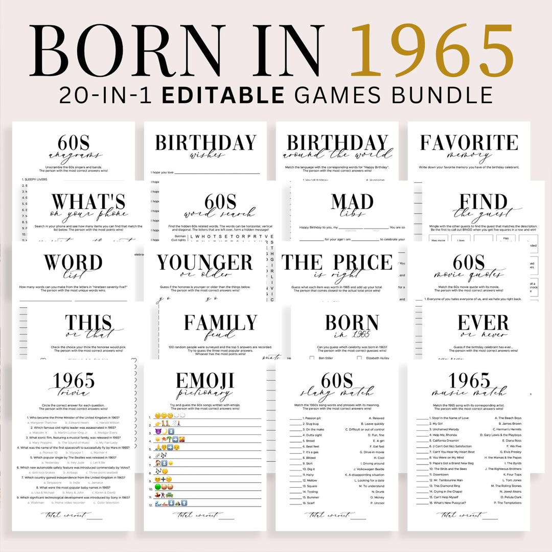 Born in 1965 Birthday Games Bundle for Him or Her | 60th Birthday Party ...