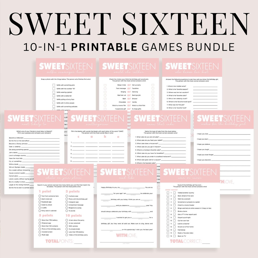 Pink Sweet 16 Party Games Bundle for Her Sweet Sixteen Activities Pack ...