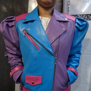 Womens Lambskin BLUE, Purple & Pink Leather Jacket Stylish Color Block ...
