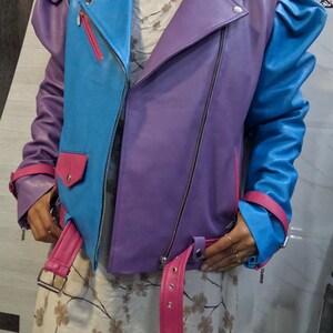 Womens Lambskin BLUE, Purple & Pink Leather Jacket Stylish Color Block ...