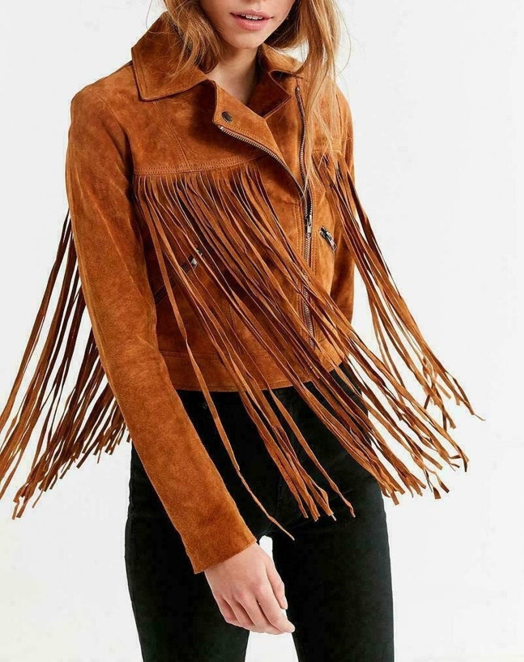 Tan BROWN Suede Leather Jacket for Women Handmade Women Fringe Jacket ...