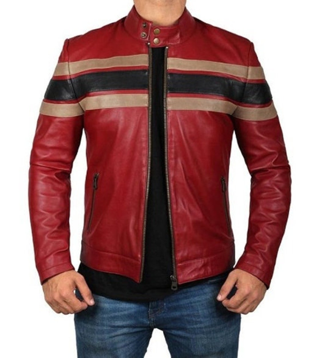 Noor Mens RED Leather Jacket MULTI Leather Jacket Celebrity Leather ...