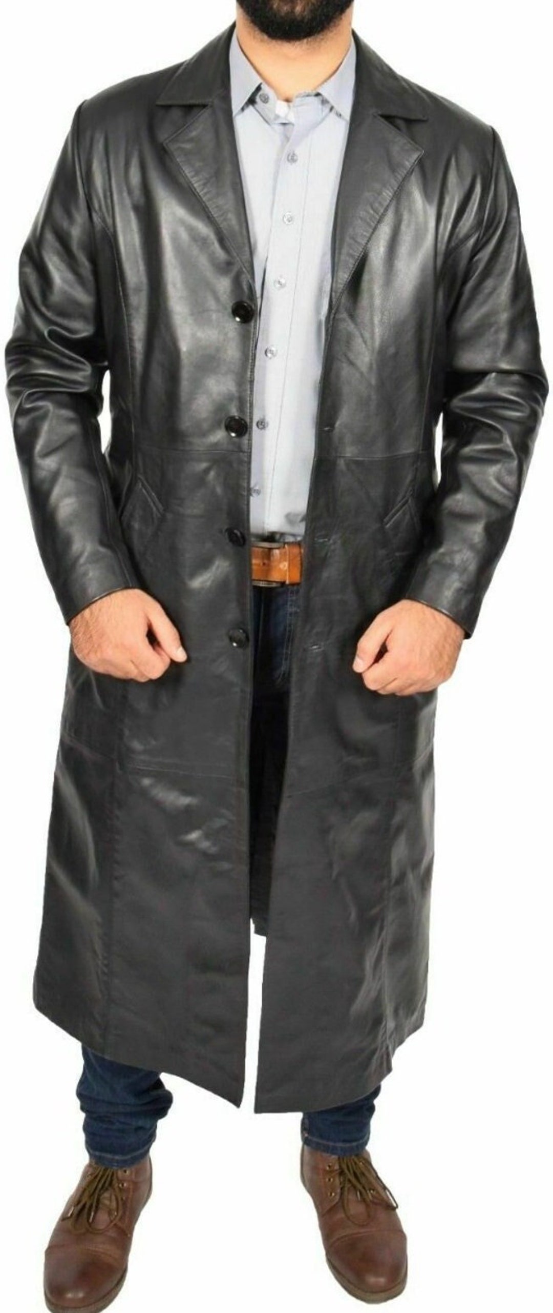 Mens BLACK Lambskin Leather Trench Coat, Real Leather Long OVERCOAT ...