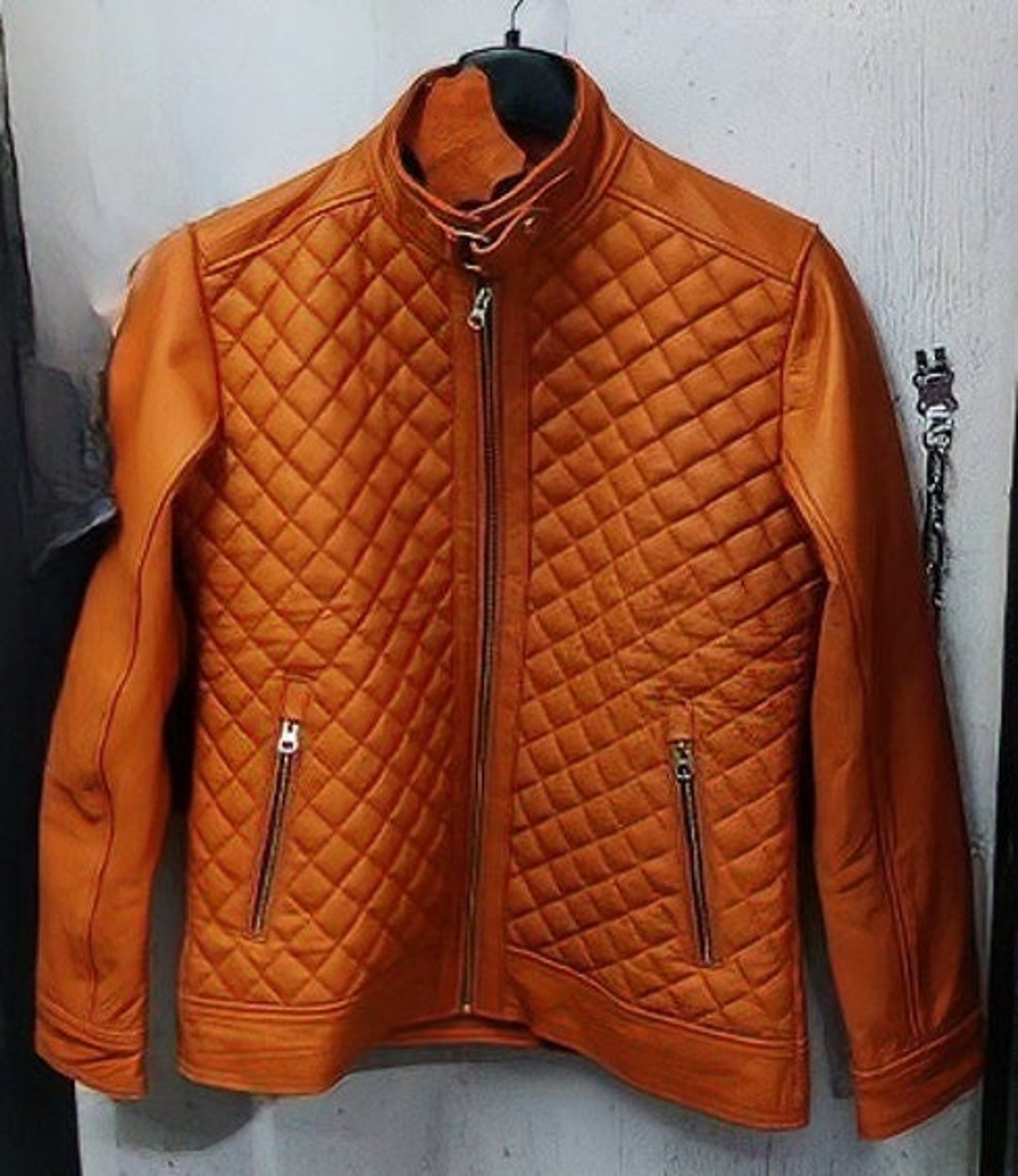 Mens ORANGE Leather Jacket QUILTED Slim Fit Biker Leather Jacket ...