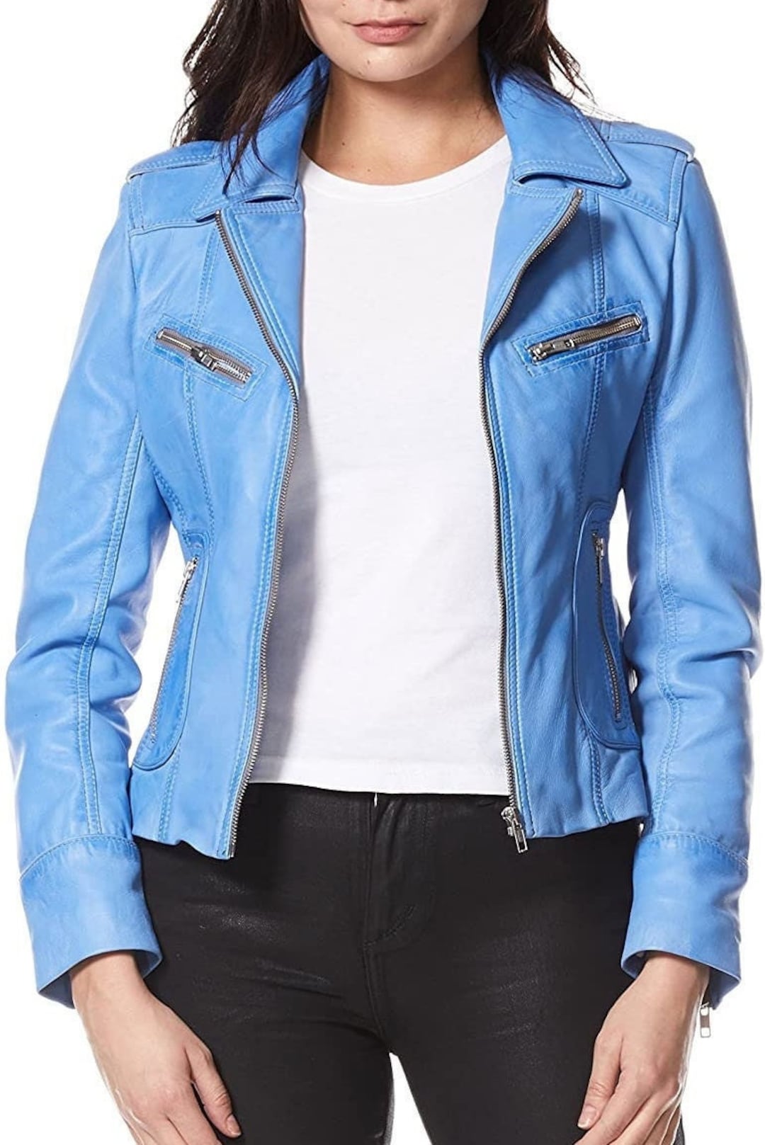 Noor Women's LIGHT BLUE Leather Jacket Slim Fit Leather - Etsy