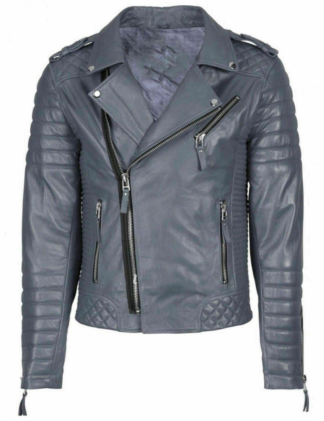 Mens GREY Leather Jacket Handmade CLASSIC Quilted Slim Fit - Etsy