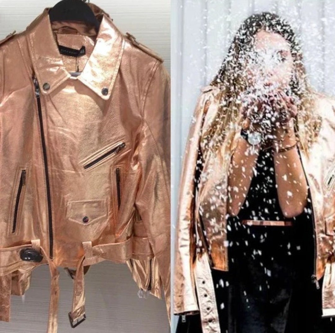 Noor Womens Metallic Rose GOLD Leather Jacket Motorbike Celebrity ...