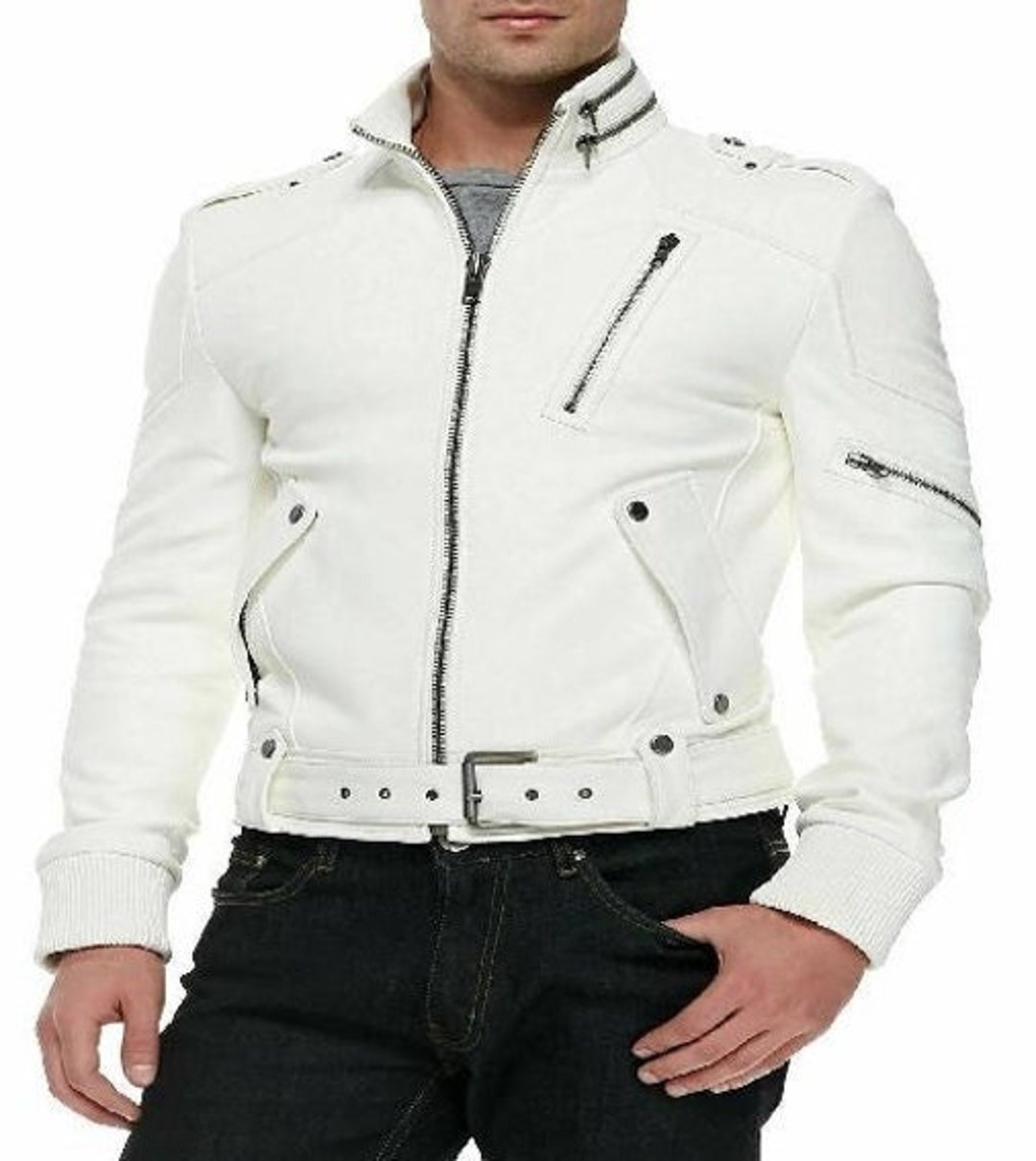 Noor Mens WHITE Leather Jacket Stylish HANDMADE Motorcycle BOMBER Biker ...